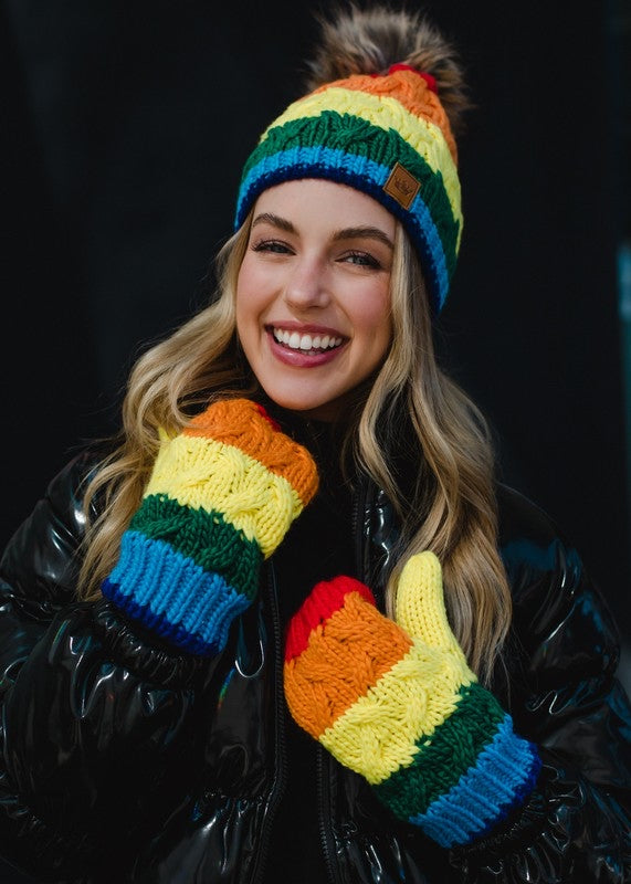 Classic Rainbow Stripe Cable Knit Hat with Pom – Style Trolley