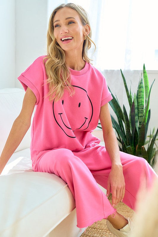 Smiley Face Drop Shoulder Sweatshirt & Sweatpants Set – Style Trolley